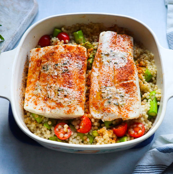 Baked Lemon Butter Halibut with Couscous and Asparagus - Bless This Meal