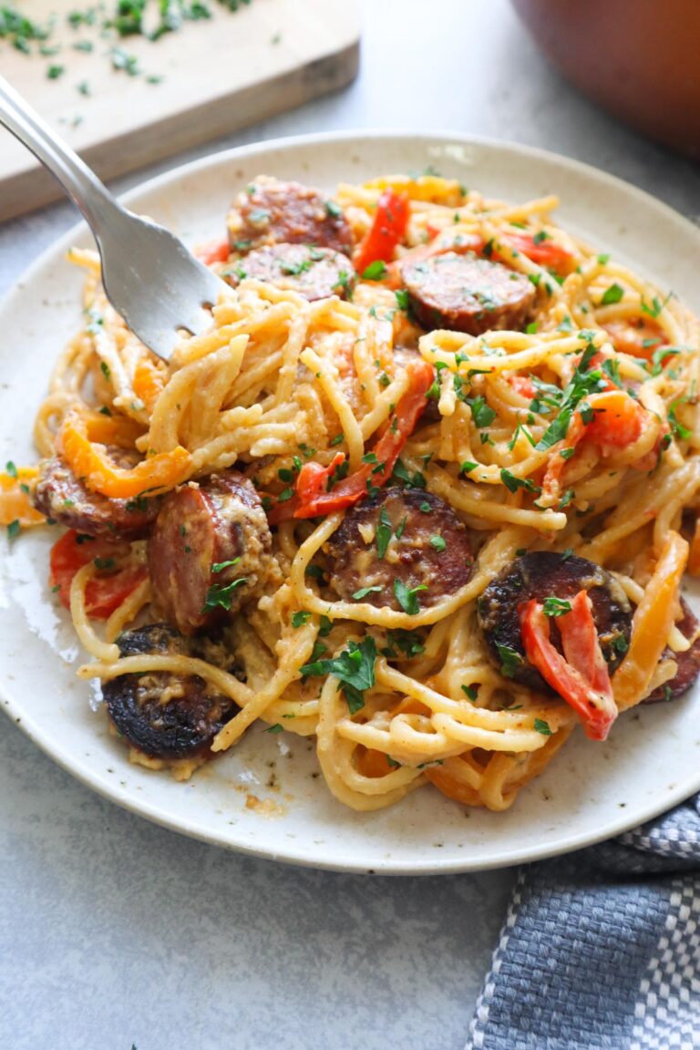 One Pot Cajun Sausage Spaghetti - Bless This Meal