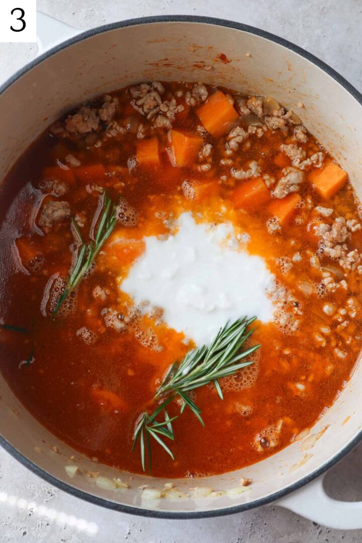 One Pot Ground Pork Pasta with and Sweet Potato - Bless This Meal