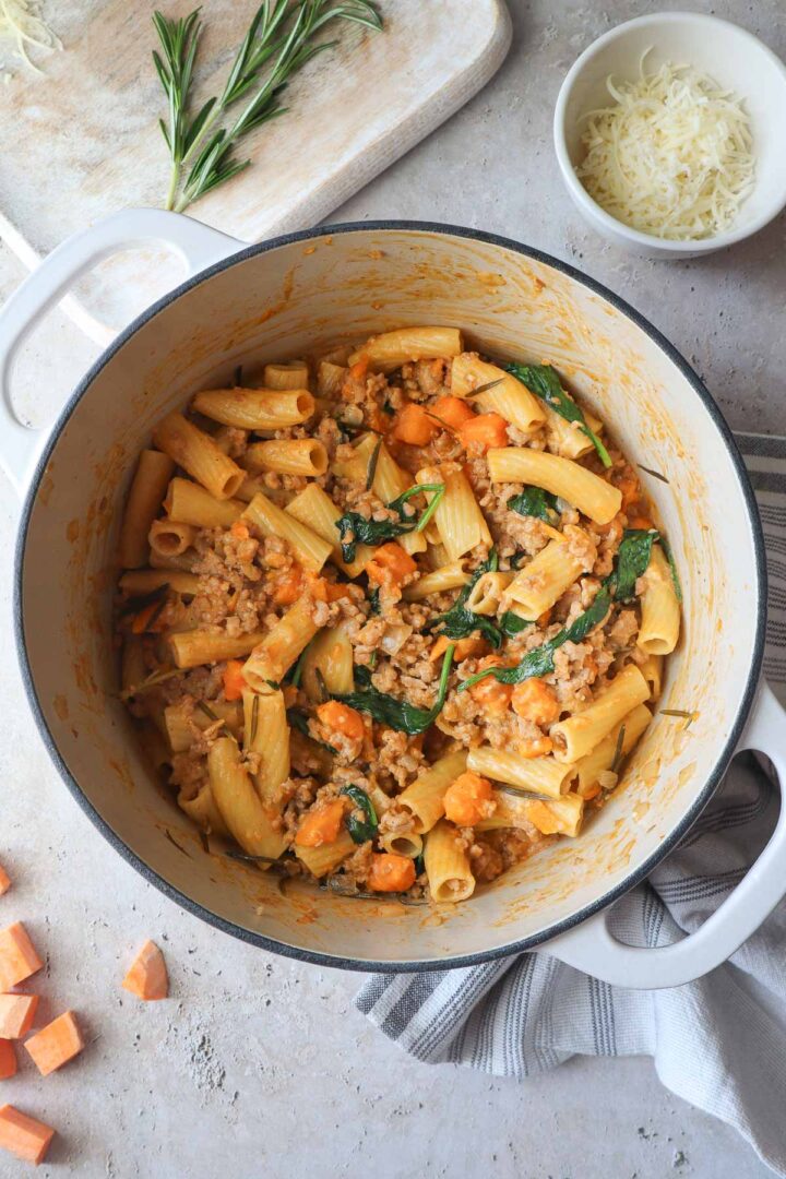 One Pot Ground Pork Pasta with and Sweet Potato - Bless This Meal